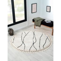 MyFlair Hochflor-Teppich &raquo;Moroccan Handwrite&laquo; rund 24 mm H&ouml;he modern, marokkanisches Design, flauschig weich, mit Fransen schwarz-wei&szlig; Polyester, Polypropylen