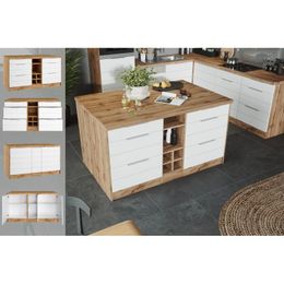 KOCHSTATION K&uuml;cheninsel &raquo;KS-Luhe, Breite 153 cm, mit Flaschenregal&laquo; MDF-Fronten, Arbeitsplatte 38mm stark wei&szlig; B/H/T: 153cm x 86cm x 100cm, Typ 2mit 