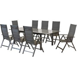 Merxx Garten-Essgruppe &raquo;Taviano&laquo; Set, 9 Stk. tlg. 8 Klappsessel, 5-fach verstellbar, Ausziehtisch grau Aluminium, Polyester, Sicherheitsglas Polyester