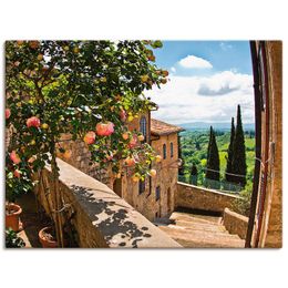 Artland Wandbild &raquo;Rosen auf Balkon Toskanalandschaft&laquo; Garten 1 Stk. tlg. als Leinwandbild, Poster in verschied. Gr&ouml;&szlig;en gr&uuml;n B/H/T: 80cm x 60cm, Leinwandbild 