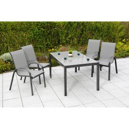 Merxx Garten-Essgruppe &raquo;Amalfi&laquo; Set, 5 Stk. tlg. 4 Stapelsessel, Tisch grau Aluminium, Polyester, Sicherheitsglas Polyester