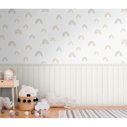 Livingwalls living walls Fototapete &raquo;Wallpanel Tapete Wandpaneele Motivtapete Regenbogen Landhaus&laquo; matt strukturiert Vliestapete Kinderzimmer f&uuml;r Schlafzimmer 