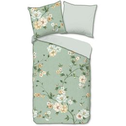 Descanso Wendebettw&auml;sche &raquo;Sizena&laquo; 2 Stk. Satin, Rei&szlig;verschluss, Paspel, Biese, Wendeoptik, Luxe, Blumen, gr&uuml;n gr&uuml;n Renforc&eacute;, Obermaterial: 100% Baumwolle B/L: 