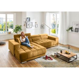 Die PlanBar Ecksofa &raquo;MP-IN15053 L-Form extra breiter Schenkel&laquo; wahlweise mit Kopfteilverstellung und manueller Vorziehbank gelb 100% Polyester B/H/T: 
