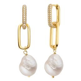 Firetti Damen Paar Creolen &raquo;Schmuck Geschenk, Ohrschmuck Perle kombiniert mit Gliederkette&laquo; Made in Germany - Zirkonia - S&uuml;&szlig;wasserzuchtperle - 