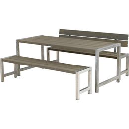 Plus Garten-Essgruppe &raquo;Plankengarnituren&laquo; 3 Stk. tlg. bestehend aus: Tisch und 2 B&auml;nke + 1 R&uuml;ckenlehne grau B/H/T: 185cm x 81cm x 186cm