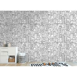 Livingwalls living walls Fototapete &raquo;THE WALL III Tapete mit H&auml;usern Motivtapete Zeichnung Kunst&laquo; matt glatt Vliestapete Kinderzimmer f&uuml;r Schlafzimmer K&uuml;che 