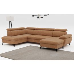 COTTA Wohnlandschaft &raquo;Hudson U-Form, B: 324 cm&laquo; mit Kopfteilverstellung, optional Schlaffunktion & Bettkasten braun B/H/T: 324cm x 207cm, Struktur 