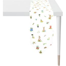 Apelt Tischband &raquo;6812 HAPPY EASTER, Osterdeko, Ostern&laquo; Digitaldruck, modisches Design mit verspielten H&auml;schen im Garten bunt Baumwolle, Polyester B/L: