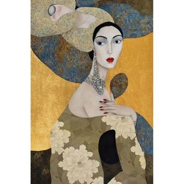queence Acrylglasbild &raquo;Wandbild, Goldbild, Bild Kunstkopie, Jugenstil, Frau mit Kette am Hals&laquo; Abstrakte Fantasy Kunst Handveredelt mit Blattgold f&uuml;r 