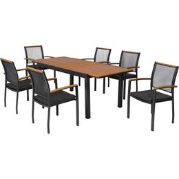 Merxx Garten-Essgruppe &raquo;Itanos&laquo; Set, 13 tlg. inkl. 6 Stapelsessel. 6 Auflagen, 1 Ausziehtisch braun Aluminium, Kunststoff B/H/T: 61cm x 91cm x 56cm