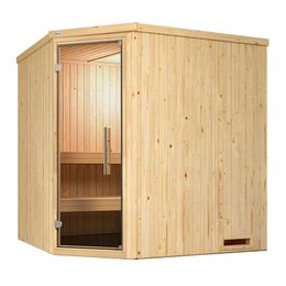 Weka Sauna &raquo;Element-Ecksauna VARBERG 2&laquo; vorgefertigte Elemente, Eckeinstieg, moderne Ganzglast&uuml;r beige Saunaofen, integrierte Steuerung, 5,4 kW