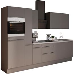 KOCHSTATION K&uuml;chenzeile &raquo;KS-Aken&laquo; Breite 300 cm, wahlweise mit E-Ger&auml;ten, mit Arbeitsplatte 38 mm stark grau B/H/T: 300cm x 212cm x 60cm, ohne E-