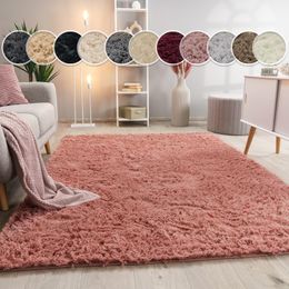 Paco Home Hochflor-Teppich &raquo;Silky 591&laquo; rechteckig 37 mm H&ouml;he Uni-Farben, besonders weich und kuschelig, Wohnzimmer lila Polyester B : 140cm 1 Stk., 37mm, L: 