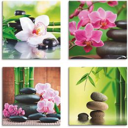 Artland Leinwandbild &raquo;Spa Bambus Zweige Zen Steine&laquo; Zen 4 Stk. tlg. 4er Set, verschiedene Gr&ouml;&szlig;en gr&uuml;n Leinwand, MDF B/H/T: 30cm x 30cm, Leinwandbild Zen 