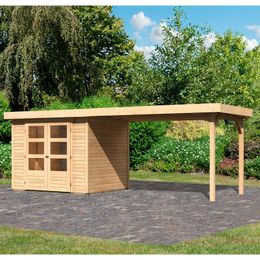 Karibu Gartenhaus &raquo;Arnis&laquo; mit Anbaudach 2,80 m Breite beige Holzwerkstoff ohne Fu&szlig;boden, ohne R&uuml;ck- und Seitenwand, ohne Dacheindeckung