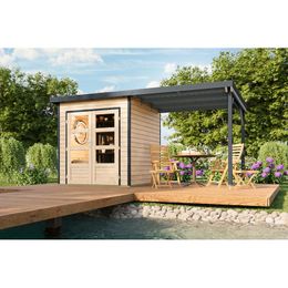 Karibu Gartenhaus &raquo;Plutino 1 SET, in verschiedenen Farben&laquo; inkl. Anbaudach Massivholz ohne Fu&szlig;boden, Blechdach