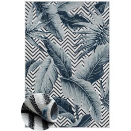 MyFlair Outdoorteppich &raquo;Tiki, LAGERR&Auml;UMUNG!&laquo; rechteckig 8 mm H&ouml;he Bl&auml;tter Motiv, Hoch-Tief Effekt, Outdoor geeignet, Balkon, Terrasse blau Polypropylen B : 