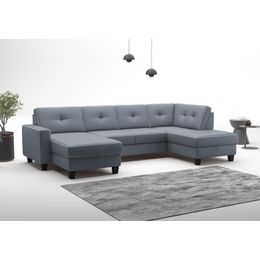 OTTO home Wohnlandschaft &raquo;Varese&laquo; wahlweise mit Schlaffunktion und Bettkasten blau B/H/T: 304cm x 91cm x 170cm, NaturLEDER Stoff, Ottomane rechts,mit 