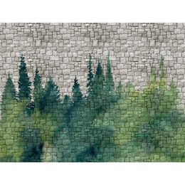 Livingwalls living walls Fototapete &raquo;The Wall&laquo; Motiv Steinoptik Wald glatt Fototapete Wald Tapete Steinoptik Tapeten Wohnzimmer modern Design gr&uuml;n Vinyl, Vlies B/