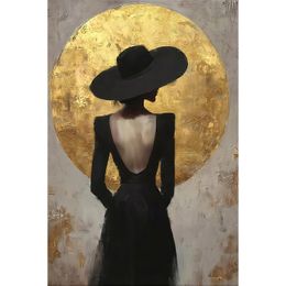 queence Acrylglasbild &raquo;Wandbild, Goldbild, Bild Frau mit Hut vor goldenem Mond&laquo; Abstrakte Fantasy Kunst Handveredelt mit Blattgold f&uuml;r eine edle und 