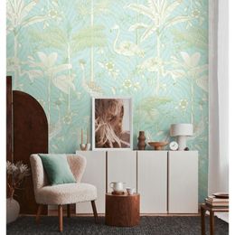 Livingwalls living walls Fototapete &raquo;Palmen Tapete&laquo; gemustert matt neutral glatt Tiertapete Fototapete Floral Tapeten Wohnzimmer Schlafzimmer K&uuml;che gr&uuml;n Vinyl, 