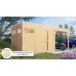 Konifera Gartenhaus &raquo;Cubus 3 Lounge&laquo; mit Anbaudach beige Massivholz Fu&szlig;boden im Gartenhaus, ohne R&uuml;ck- und Seitenwand, ohne Dacheindeckung