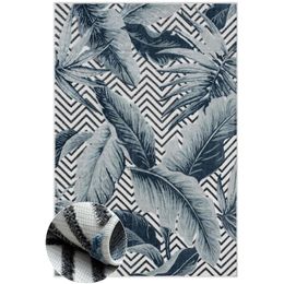 MyFlair Outdoorteppich &raquo;Tiki, LAGERR&Auml;UMUNG!&laquo; rechteckig 8 mm H&ouml;he Bl&auml;tter Motiv, Hoch-Tief Effekt, Outdoor geeignet, Balkon, Terrasse blau Polypropylen B : 