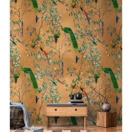 Livingwalls living walls Fototapete &raquo;THE WALL III Vogel-Tapete Motivtapete Floral V&ouml;gel&laquo; matt glatt Vliestapete Pfau f&uuml;r Schlafzimmer K&uuml;che Wohnzimmer Vogel 