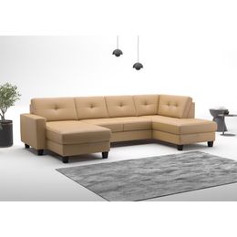 OTTO home Wohnlandschaft &raquo;Varese&laquo; wahlweise mit Schlaffunktion und Bettkasten beige B/H/T: 304cm x 91cm x 170cm, NaturLEDER , Ottomane rechts,mit 