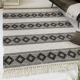OTTO home Teppich &raquo;Jorvik&laquo; rechteckig 8 mm H&ouml;he Kurzflor, Wolle, handgewebt, mit Fransen, Schlafzimmer beige Baumwolle, Schurwolle B : 80cm 1 Stk., 