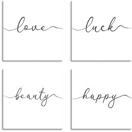 Artland Leinwandbild &raquo;Liebe Gl&uuml;ck Sch&ouml;nheit Frohsinn&laquo; Spr&uuml;che & Texte 4 Stk. tlg. 4er Set, verschiedene Gr&ouml;&szlig;en schwarz Leinwand, MDF B/H/T: 30cm x 30cm, 