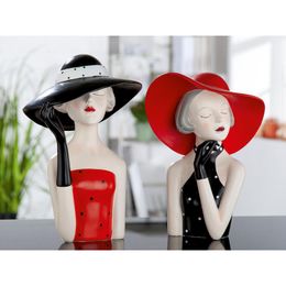 Gilde Dekofigur &raquo;Figur Lady mit schwarzem Hut&laquo; Gepunktetes Kleid im 50er-Jahre-Stil, Skulptur rot Kunstharz B/H/T: 20cm x 29,5cm x 15cm