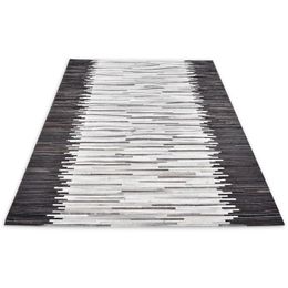 Theko Fellteppich &raquo;Kobe-Streifen&laquo; rechteckig 3 mm H&ouml;he Patchwork, handgen&auml;ht, echtes Rinderfell in Naturt&ouml;nen silber Kuhfell, Leder B : 190cm 1 Stk., 
