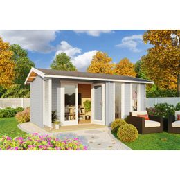 Lasita Maja Gartenhaus &raquo;Riverside&laquo; Blockbohlenhaus 28mm, mit Terrasse grau Massivholz Fu&szlig;boden im Gartenhaus, ohne Dacheindeckung