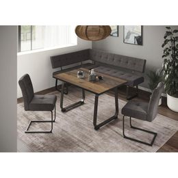 Hela Essgruppe &raquo;RUHR&laquo; 4 Stk. tlg. Kufentisch 140x90 cm, Schwingstuhl und Bank mit Federkorb, Komfortsitz braun Microfaser, Sitzbreite Eckbank rechts: 