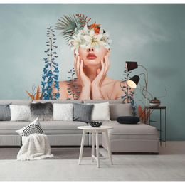 Livingwalls living walls Fototapete &raquo;THE WALL III Tapete mit Frau Motivtapete Floral Kunst&laquo; matt glatt Vliestapete Blumen f&uuml;r Schlafzimmer K&uuml;che Wohnzimmer Frau 