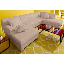 DOMO collection Wohnlandschaft &raquo;TURAH 297x195x75 cm, moderne Steppung&laquo; whlw. mit Bettfunktion, U-Form beige Microfaser PRIMABELLE (100% Polyester);