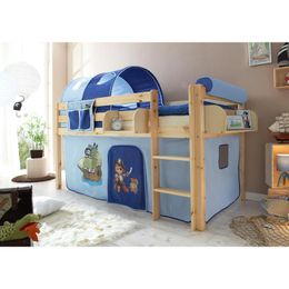 Ticaa Hochbett &raquo;Malte&laquo; mit Rollrost und in verschiedenen Ausf&uuml;hrungen wahlweise mit Matratze blau Mit Vorhang, Tunnel und Tasche, Liegefl&auml;che B/L: 90cm x 