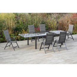Merxx Garten-Essgruppe &raquo;Taviano&laquo; Set, 7 Stk. tlg. 6 Klappsessel, 5-fach verstellbar, Ausziehtisch grau Aluminium, Polyester, Sicherheitsglas Polyester