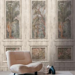 Livingwalls living walls Fototapete &raquo;Wallpanel Tapete Wandpaneele Motivtapete Wald Landhaus&laquo; matt strukturiert Vliestapete Holz-Optik f&uuml;r Schlafzimmer K&uuml;che 