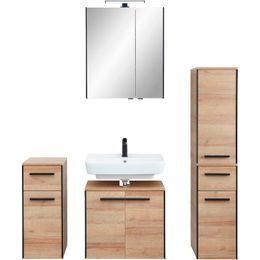 Badm&ouml;bel-Set &raquo;Quickset 395 4-teilig, Waschbeckenunterschrank mit LED-Spiegelschrank&laquo; 5 Stk. tlg. braun Riviera Eiche quer Nachbildungmit schwarzem L-