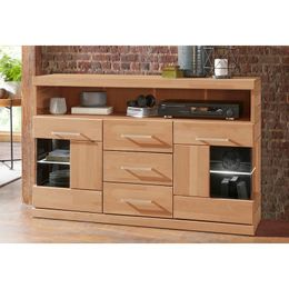 OTTO home Sideboard &raquo;Ribe,125cm breit, Fronten Massivholz,5 F&auml;cher,B&ouml;den versetzbar&laquo; Korpus Holzwerkstoff,T&uuml;ren mit Glaseinsatz,3 Schubladen,