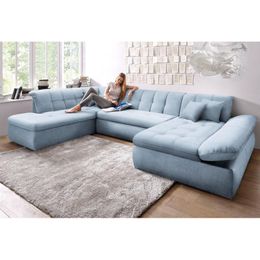 DOMO collection Wohnlandschaft &raquo;NMORIC im XXL-Format, 353x216x80 cm, inkl. Zierkissen U-Form&laquo; wahlweise mit Bettfunktion und Armlehnenverstellung blau