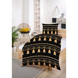 Bettw&auml;sche &raquo; Bed - Goldenes Glockenmotiv&laquo; 2 Stk. besonders weich und anschmiegsam schwarz Microfaser, Obermaterial: 100% Polyester B/L: 135cm x 200cm,