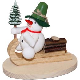 Albin Preissler Schneemann &raquo;Schneemann auf Holzschlitten&laquo; Handwerkskunst aus dem Erzgebirge gr&uuml;n Massivholz B/H/T: 9cm x 8,5cm x 6,5cm