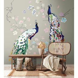 Livingwalls living walls Vliestapete &raquo;House of Turnowsky Designer Fototapete Pfau&laquo; gemustert matt neutral glatt Vogeltapete Floral Tapeten Wohnzimmer Schlafzimmer