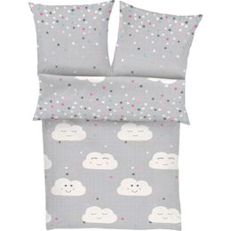 s.Oliver Junior Kinderbettw&auml;sche &raquo;Clouds mit Wolken und Sternen&laquo; 2 Stk. Markenbettw&auml;sche aus 100% Baumwolle mit Rei&szlig;verschluss grau Satin, 