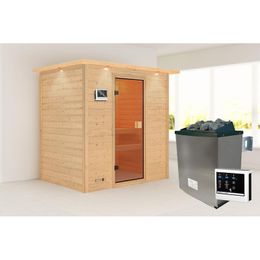 Karibu Sauna &raquo;"Sunie" mit bronzierter T&uuml;r und Kranz, naturbelassen, mit Ofen 9 kW&laquo; aus hochwertiger nordischer Fichte beige Saunaofen, externe Steuerung, 400