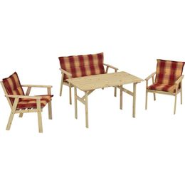 Merxx Garten-Essgruppe &raquo;Sylt&laquo; 2x Sessel, 1x Bank, 1x Tisch, inkl. Auflagen, 7 Stk. tlg. Kiefernholz beige Massivholz Polyester, Farbe Auflagen: bunt